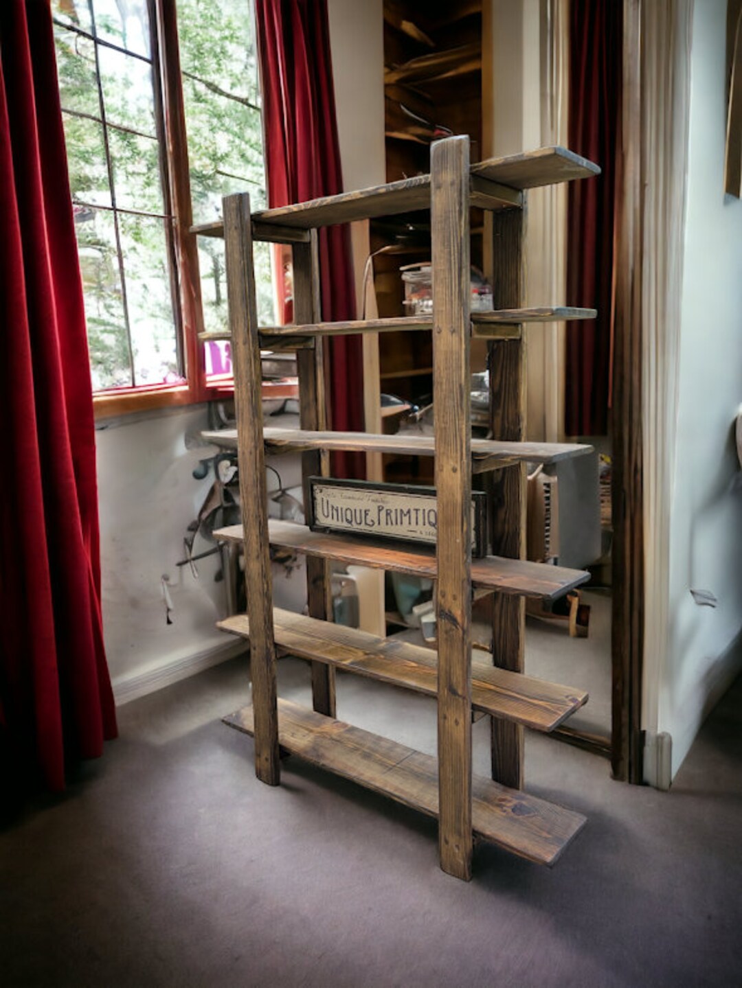 RUSTIC LADDER BOOKCASE Book Shelf Open Back Tall Reclaimed Wood Display ...