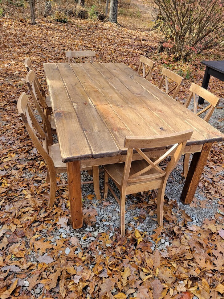 Rustic FARM TABLE 8-foot 9-piece Set W/ Chairs Farm House Country Cabin ...