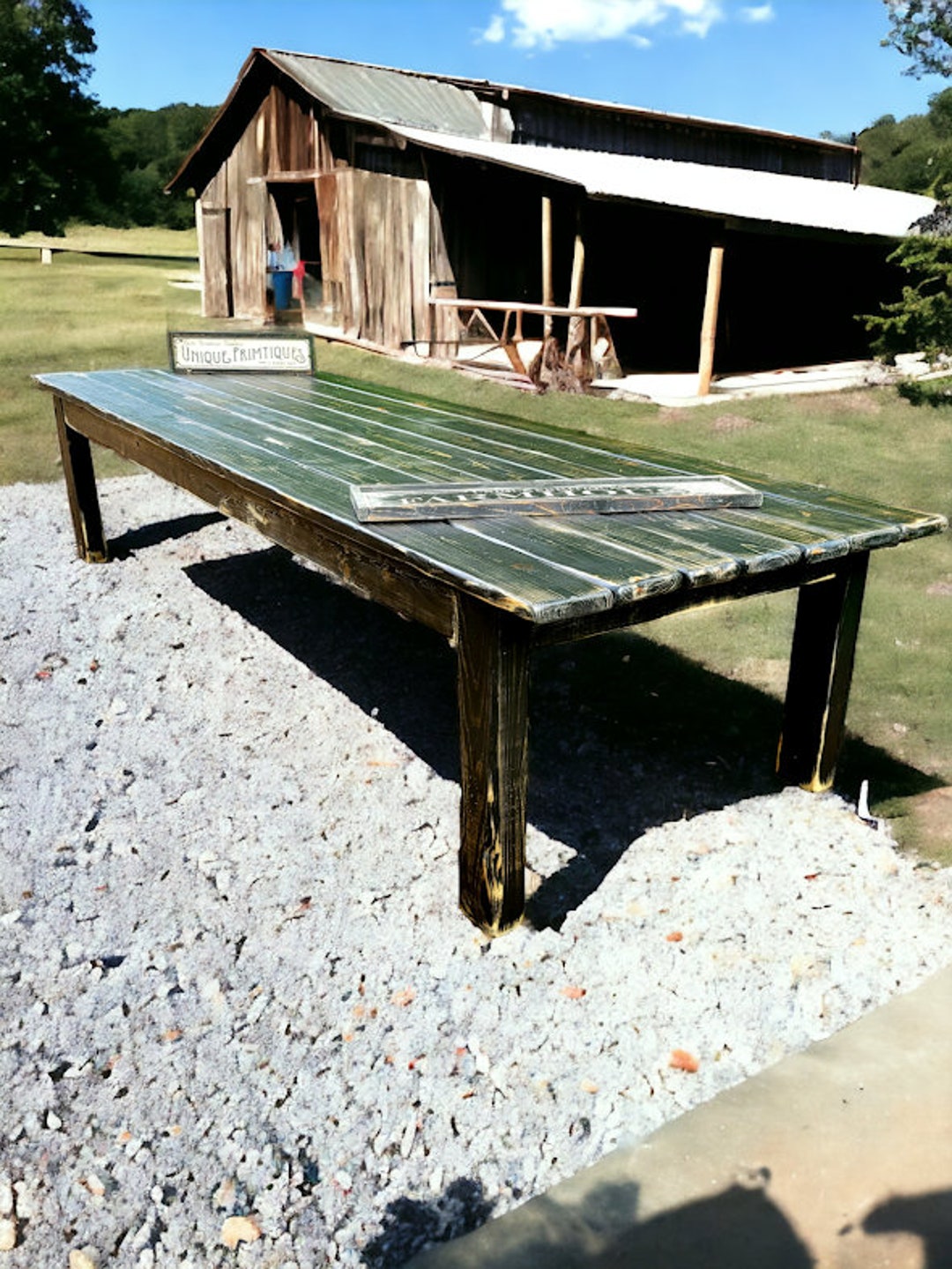 MASSIVE Rustic FARM TABLE Farmhouse Primitive Country Cabin Distressed ...