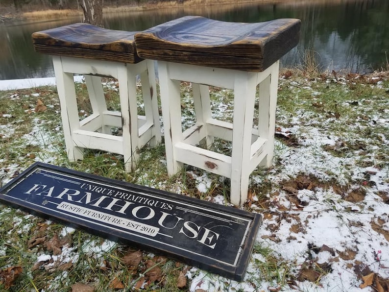FARMHOUSE BAR STOOLS Lot of Two Rustic Farm House Kitchen Tall Short ...