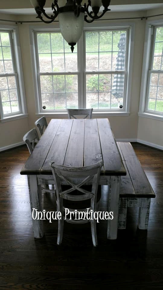 Rustic FARMHOUSE TABLE 6-piece SET Wood Farm House Kitchen Dining ...