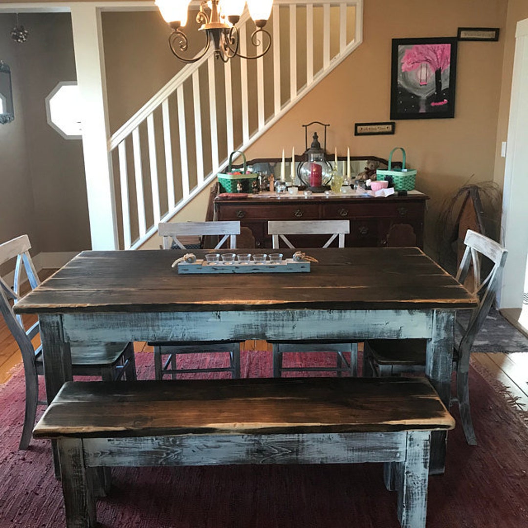 Rustic FARMHOUSE TABLE 6-piece SET Wood Farm House Kitchen Dining ...