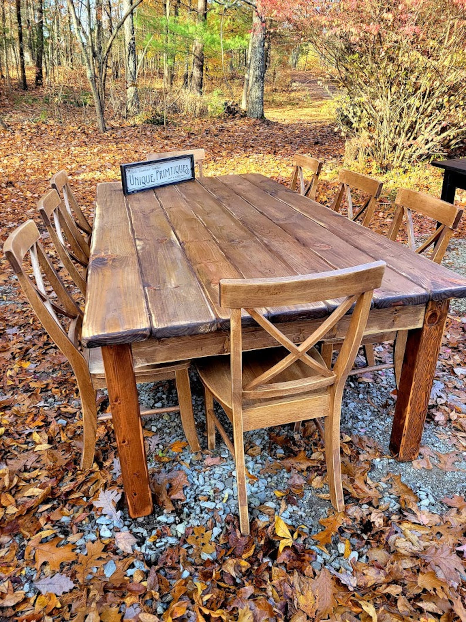 Rustic FARM TABLE 8-foot 9-piece Set W/ Chairs Farm House Country Cabin ...