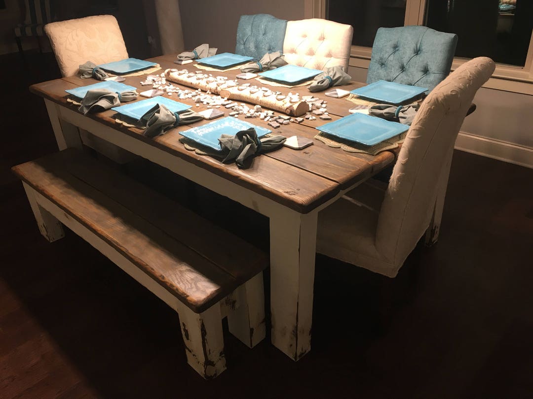 FARMHOUSE TABLE SET Rustic Farm Table Distressed Primitive Country ...