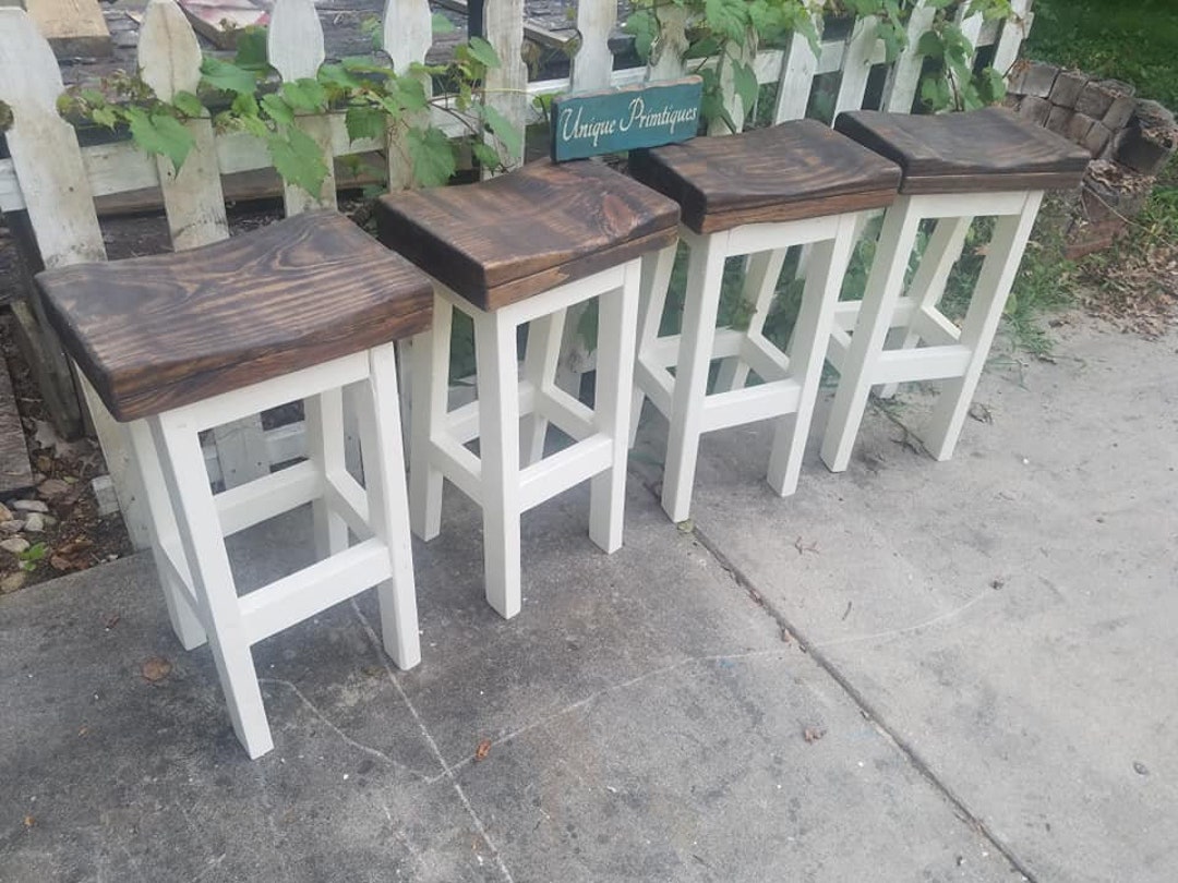 FARMHOUSE BAR STOOLS Lot of Four Rustic Farm House Kitchen Tall Short ...