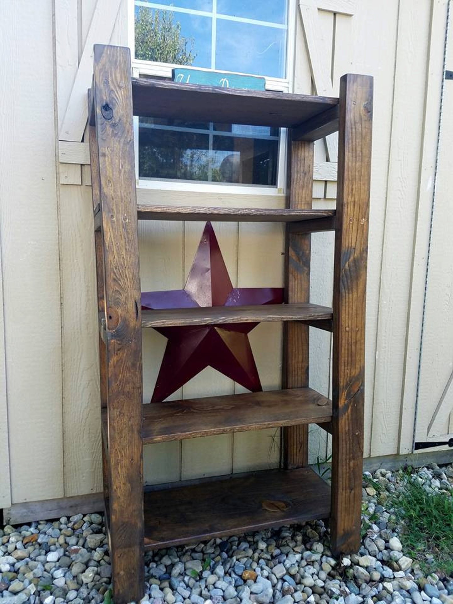 RUSTIC BOOKCASE TALL Wood Display Ladder End Bookshelf Bookcase Five ...