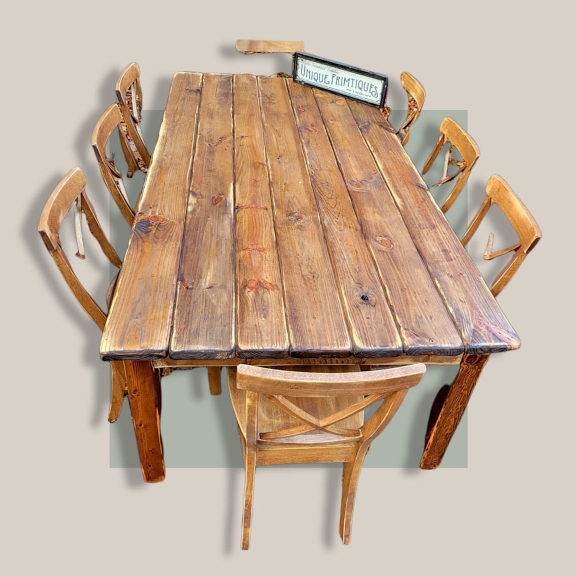 Rustic FARM TABLE 8-foot 9-piece Set W/ Chairs Farm House Country Cabin ...
