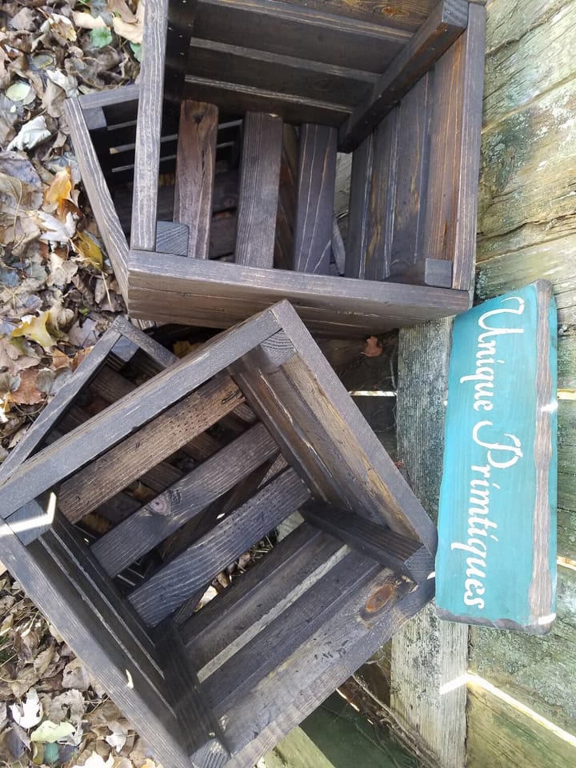 Four RUSTIC FARMHOUSE CRATES Reclaimed Salvaged Wood Dark Walnut Wall ...
