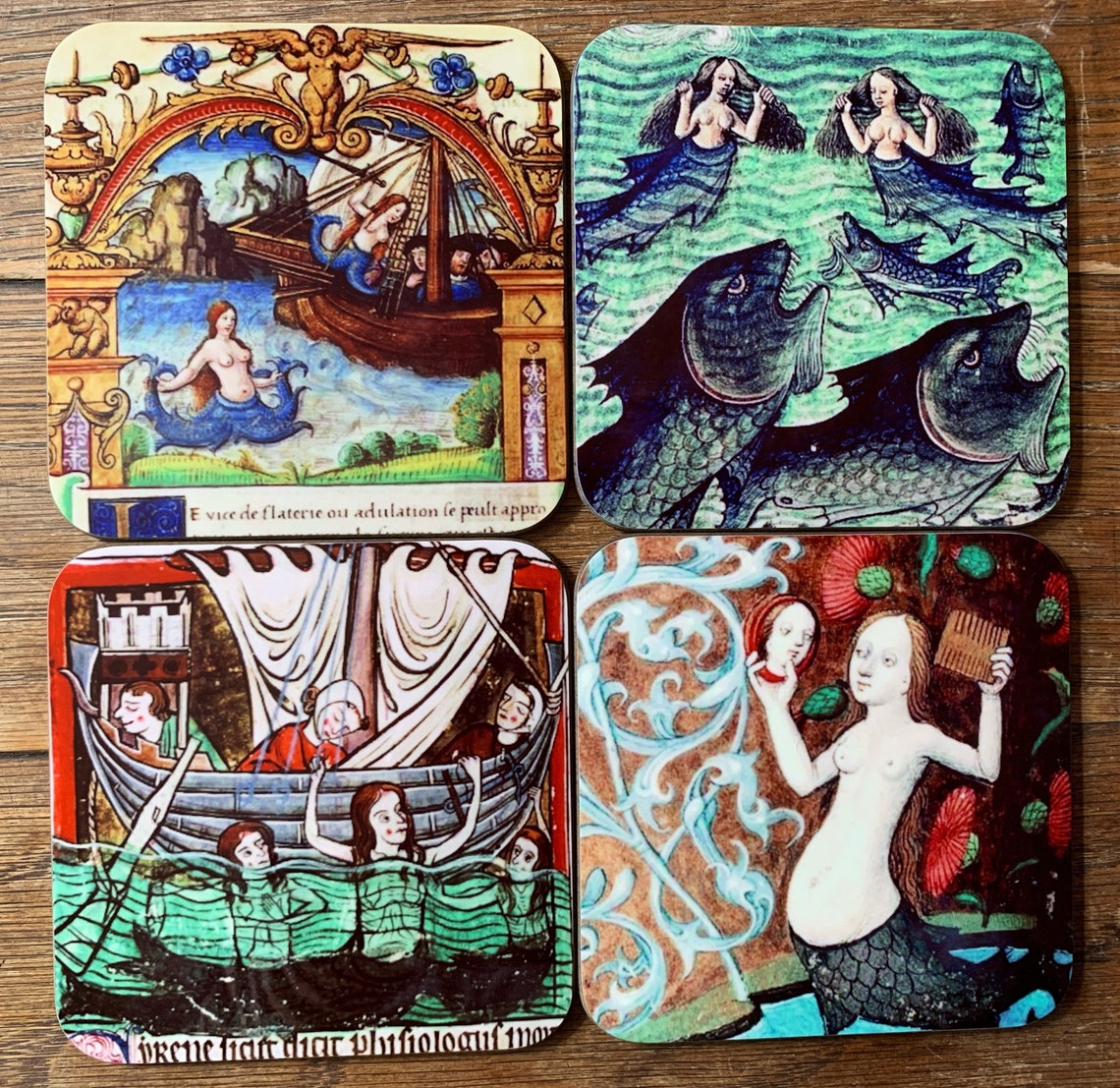 Medieval Mermaid coasters set of 4 | Etsy