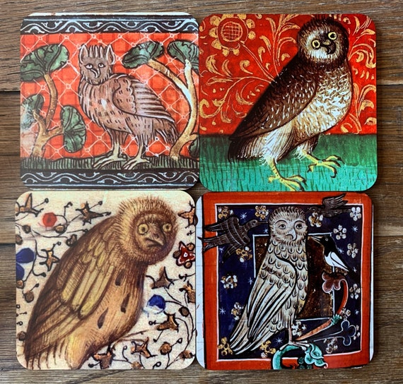 Medieval Owl coasters set of 4 | Etsy