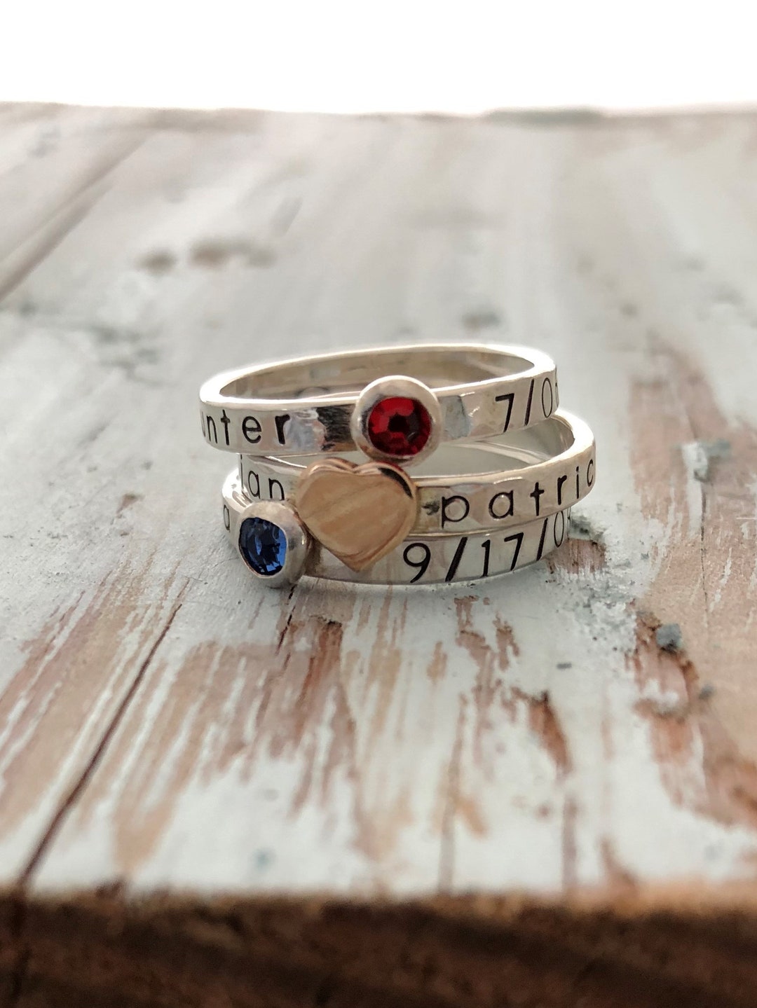 Hammered Name and Birthdate Birthstone Ring - Etsy