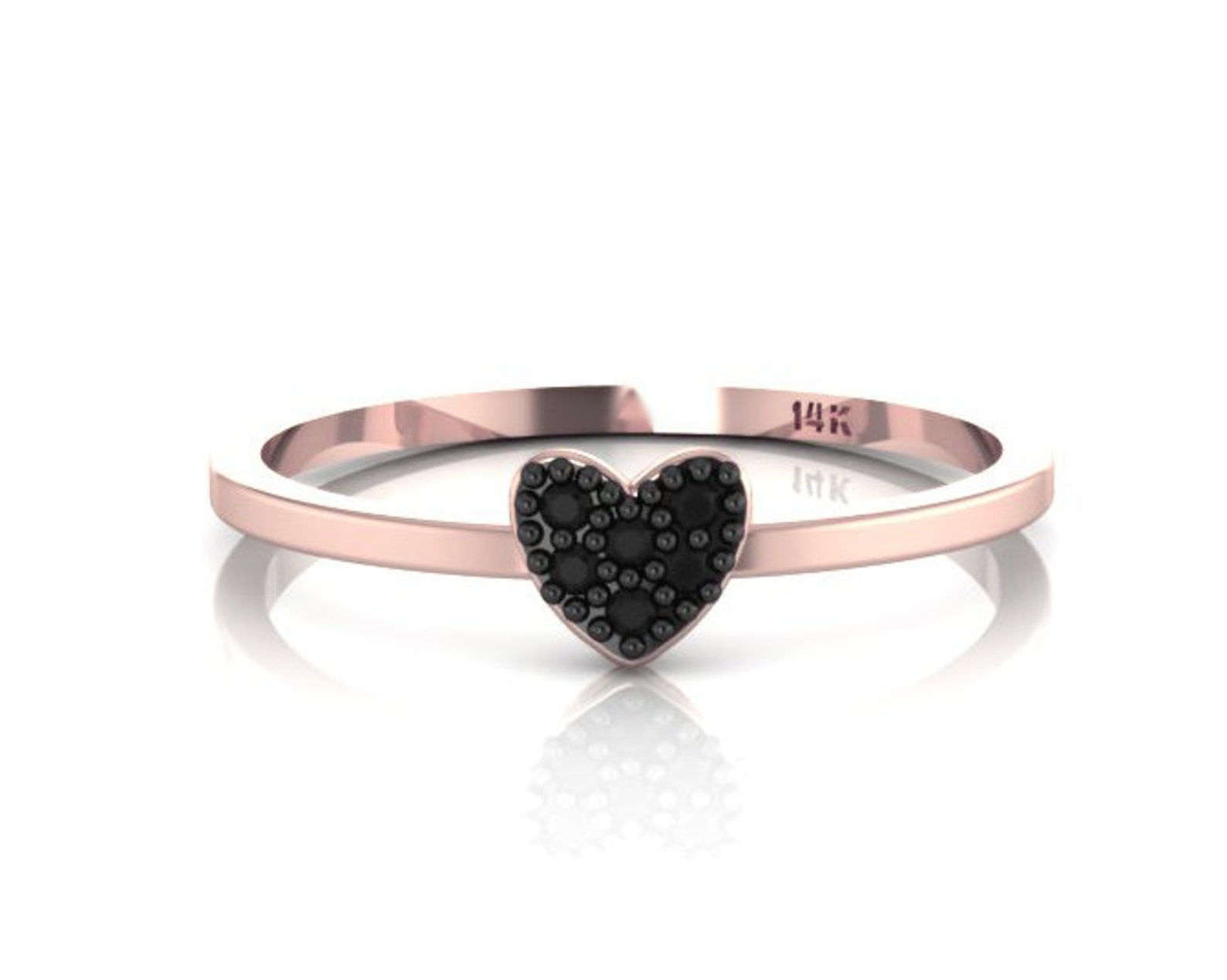 Black Diamonds Heart Ring in 14K Solid Rose Gold Tiny Heart - Etsy