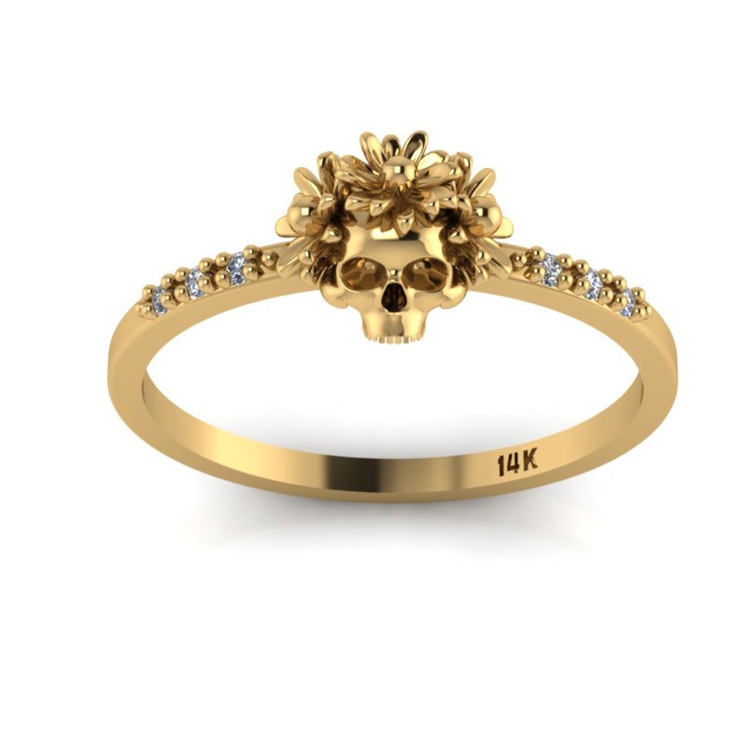 Sugar Skull Ring 14K Yellow Gold Ring Flower Skull Ring Tattoo Ring ...
