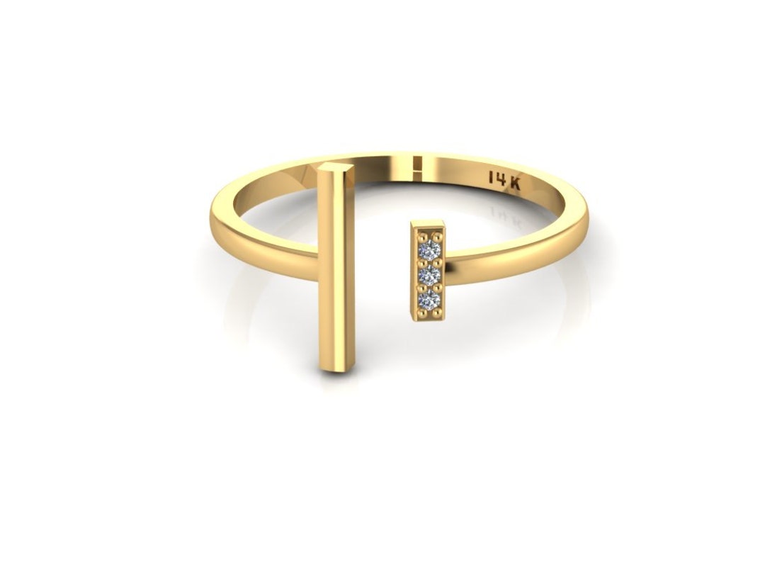 14K Gold Parallel Bar Ring Diamond Bar Gold Ring Open Line T Ring ...
