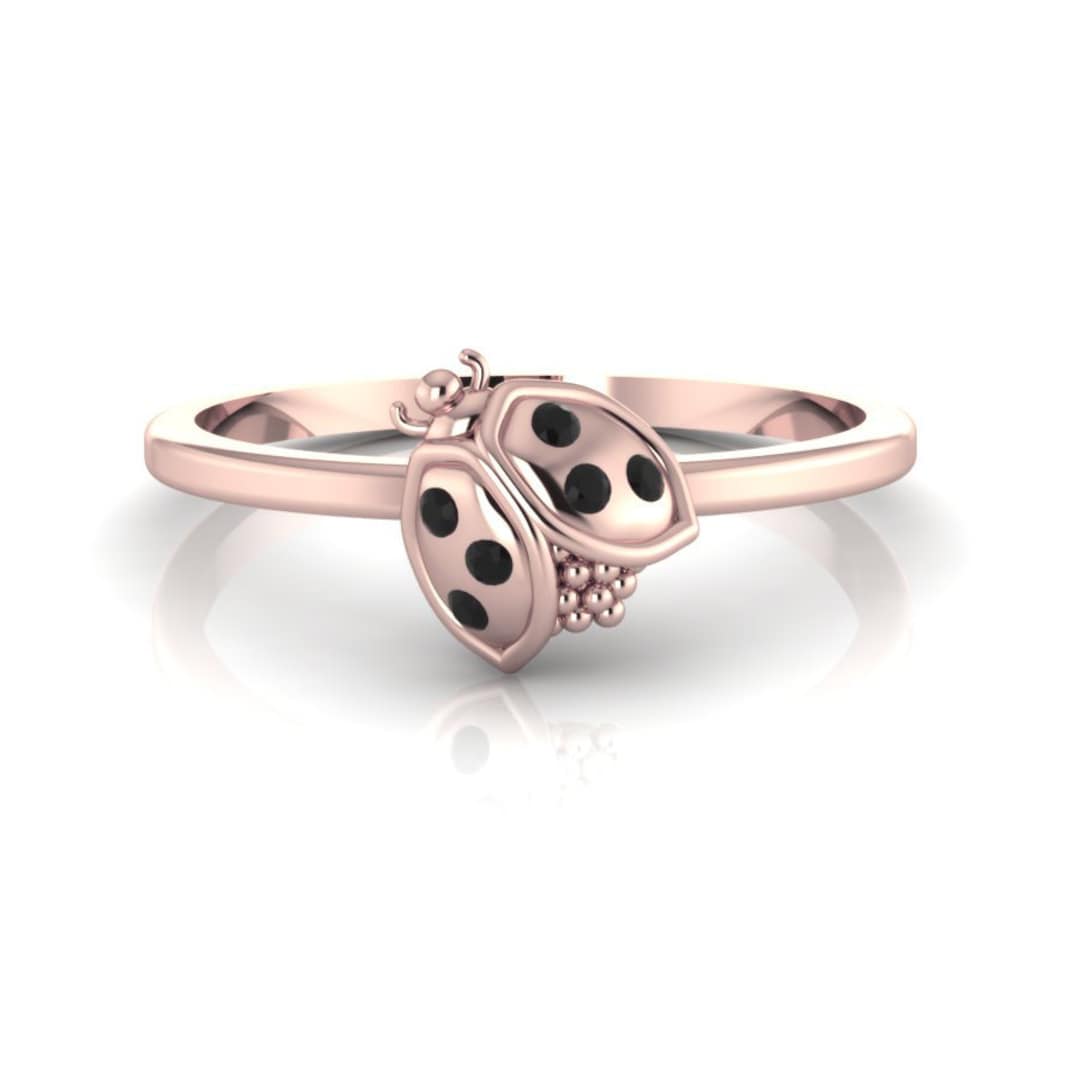 14K Gold Ladybug Ring Love Bug Ring Lucky Black Diamonds Ring Wish Ring ...