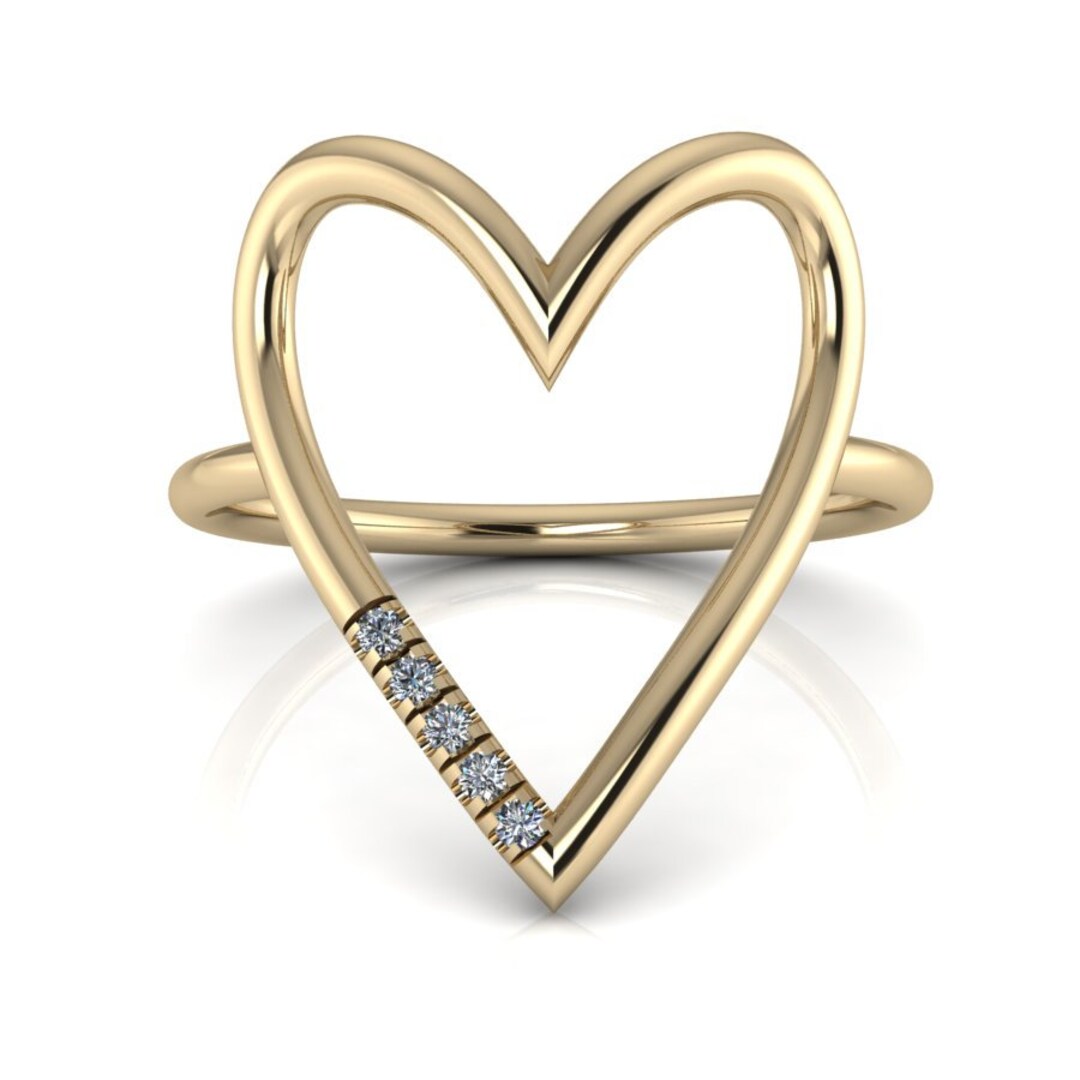 Heart Shaped Diamond Ring Large Heart Ring Solid 14K Gold Diamond Open ...