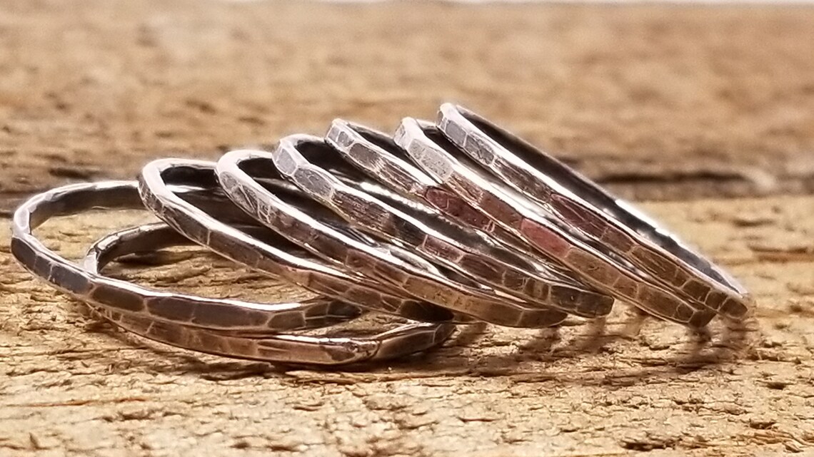 Rustic Stack Ring Set, Sterling Silver, Oxidized Ring, Hammered Ring ...