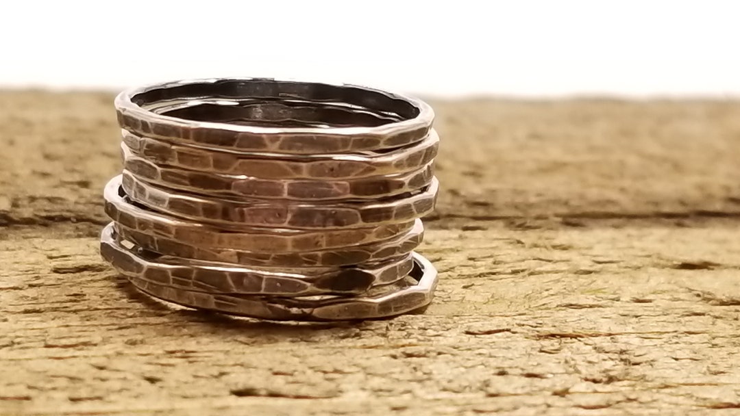 Rustic Stack Ring Set, Sterling Silver, Oxidized Ring, Hammered Ring ...