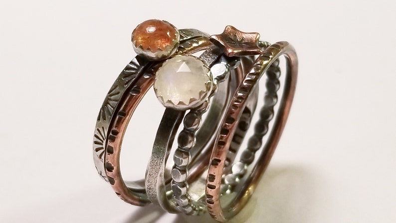 SUNstone ring MOONstone ring Copper STAR Mixed Metal Stack | Etsy
