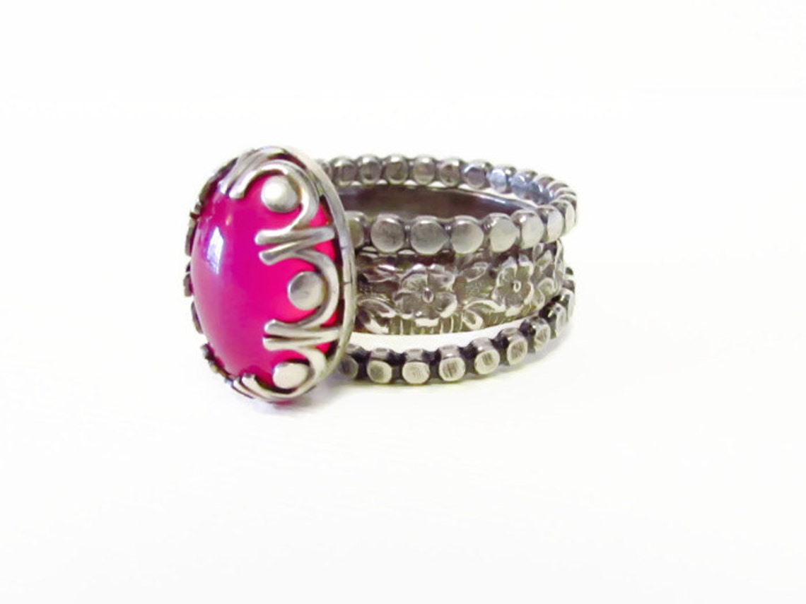 Sterling Silver, Wide Stack Ring, Hot Pink Stack Ring, Chalcedony Ring ...