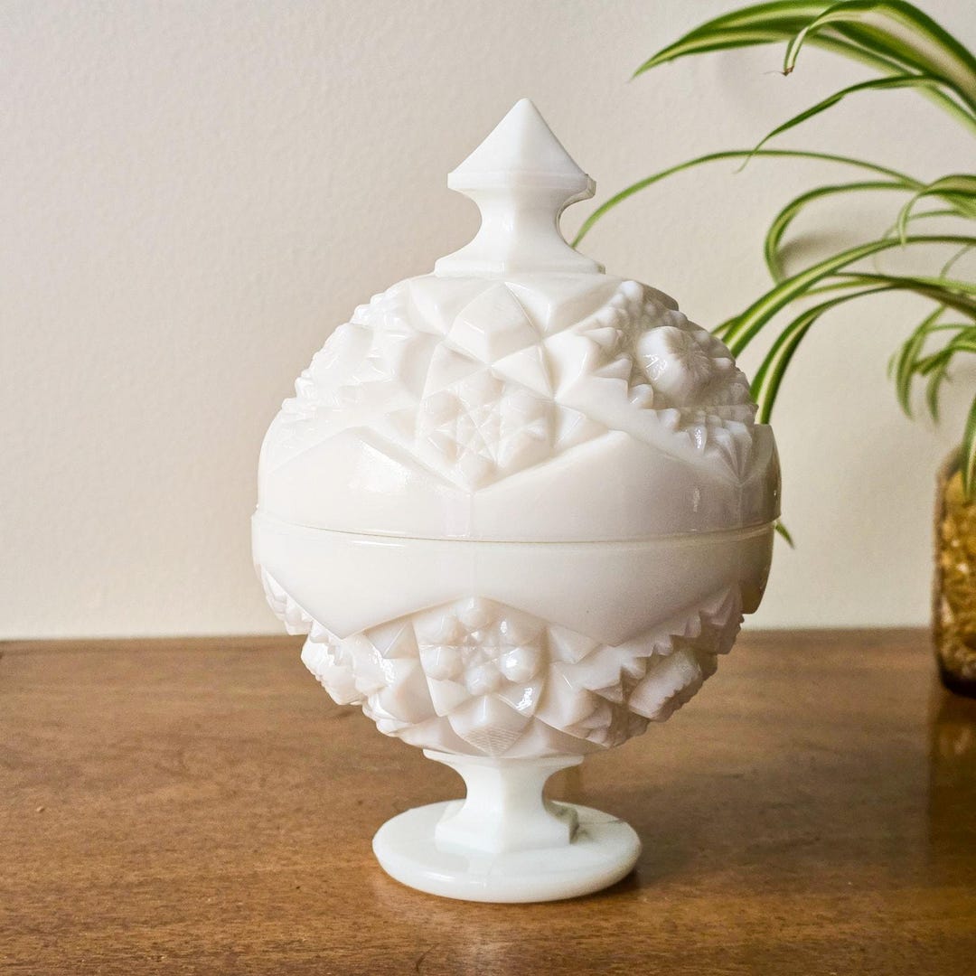 VTG Kemple Hobstar & Fan Milk Glass Covered Dish Pedestal Orb Candy ...