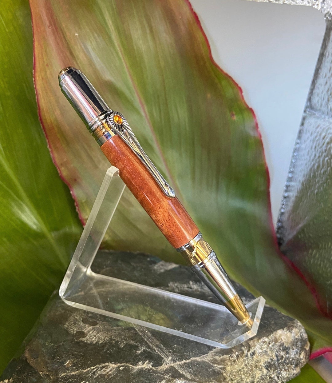 Curly Koa Ballpoint Pen: Art Deco Gold Titanium Twist Pen, Rosewood Box ...