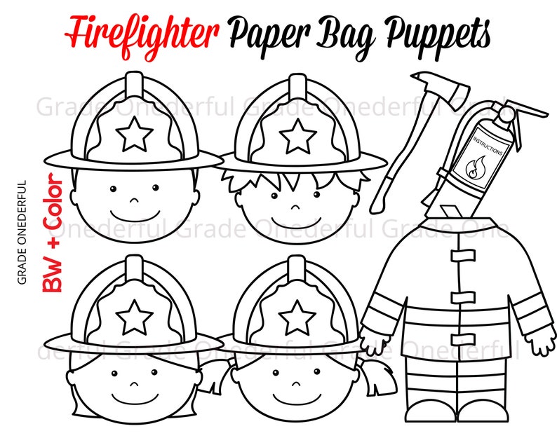 Firefighter Paper Bag Puppets 2 Boys 2 Girls Color Black - Etsy