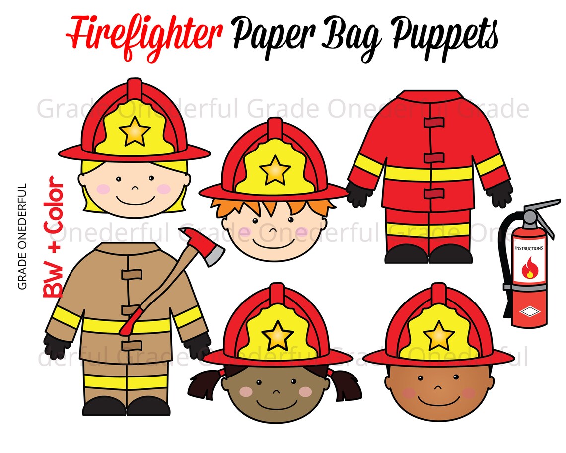 Firefighter Paper Bag Puppets 2 Boys 2 Girls Color Black - Etsy