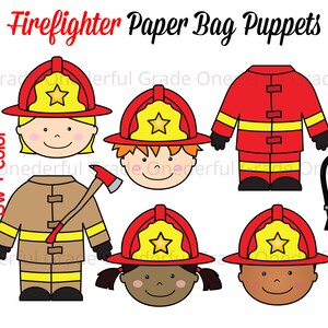 Firefighter Paper Bag Puppets 2 Boys 2 Girls Color Black - Etsy