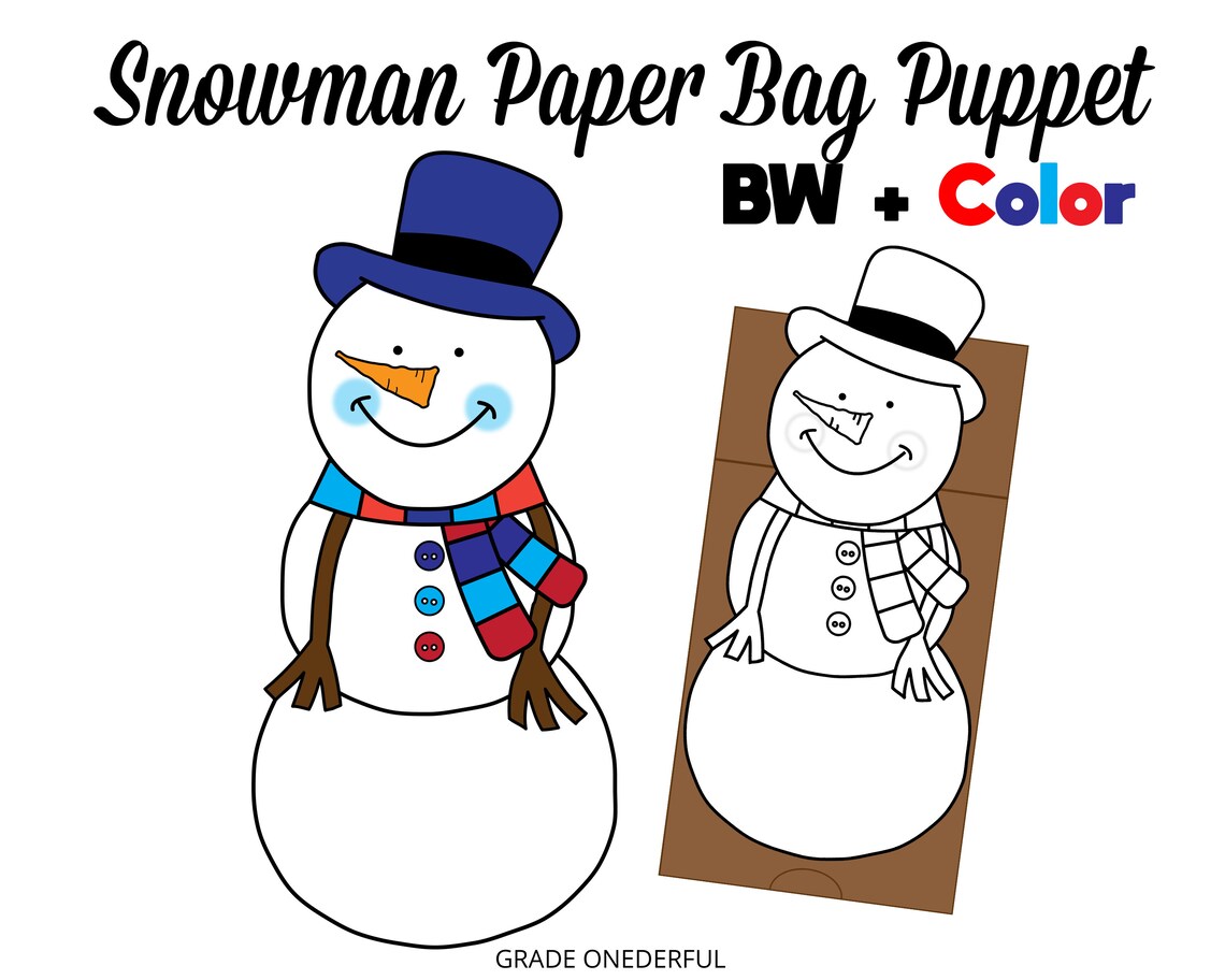 Snowman Paper Bag Puppet Template Printable Puppets for Kids - Etsy Canada