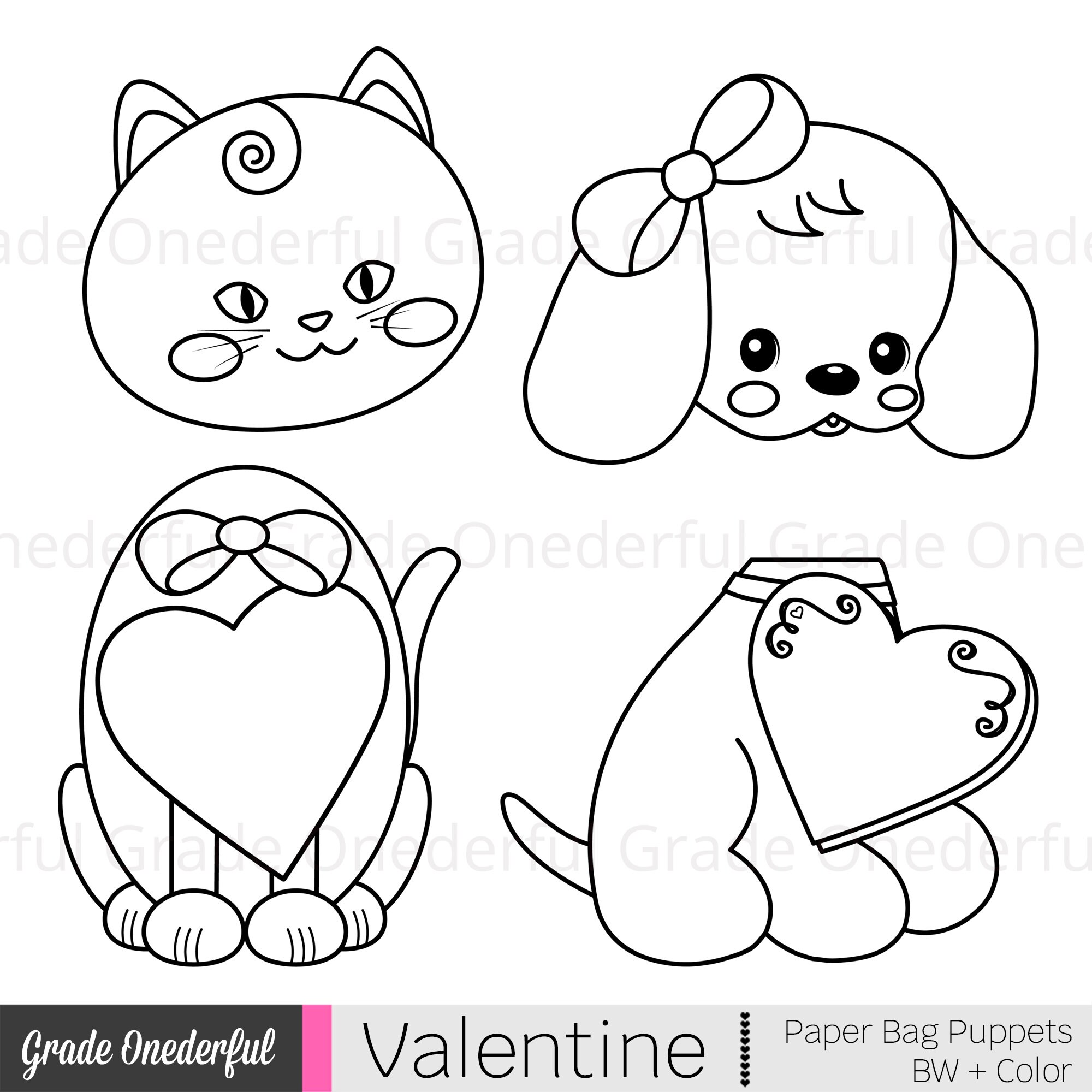 Valentine Paper Bag Puppet Template, Puppy and Cat Heart Puppet ...