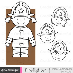 Firefighter Paper Bag Puppets, 2 Boys 2 Girls, Color Black White, Ax ...