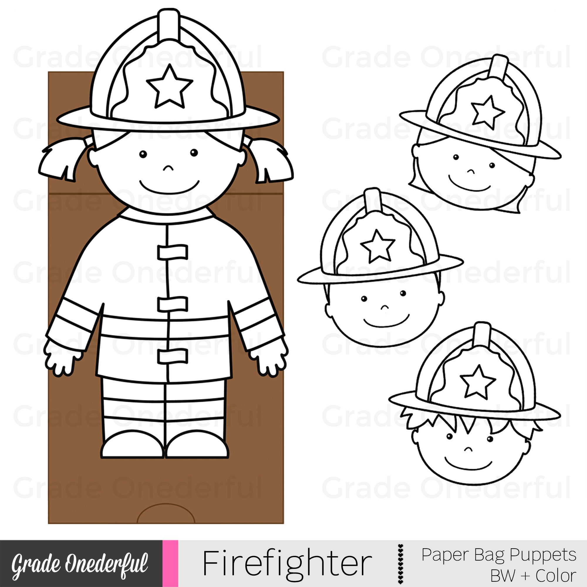Firefighter Paper Bag Puppets, 2 Boys 2 Girls, Color Black White, Ax ...