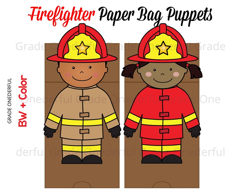 Firefighter Paper Bag Puppets 2 Boys 2 Girls Color Black - Etsy