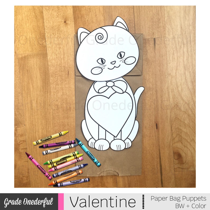 Valentine Paper Bag Puppet Template, Puppy and Cat Heart Puppet ...