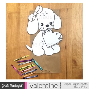 Valentine Paper Bag Puppet Template, Puppy and Cat Heart Puppet ...
