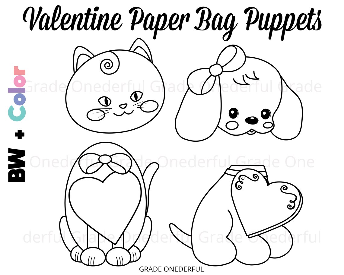 Valentine Paper Bag Puppet Template Puppy and Cat Heart | Etsy