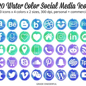 Watercolor Social Media Icons Social Media Buttons Social - Etsy Canada