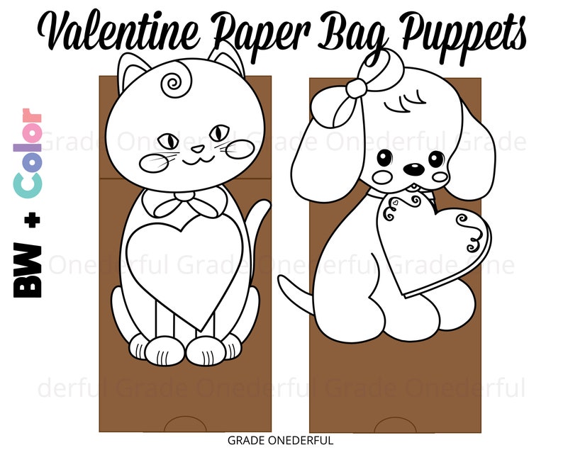 Valentine Paper Bag Puppet Template Puppy and Cat Heart | Etsy