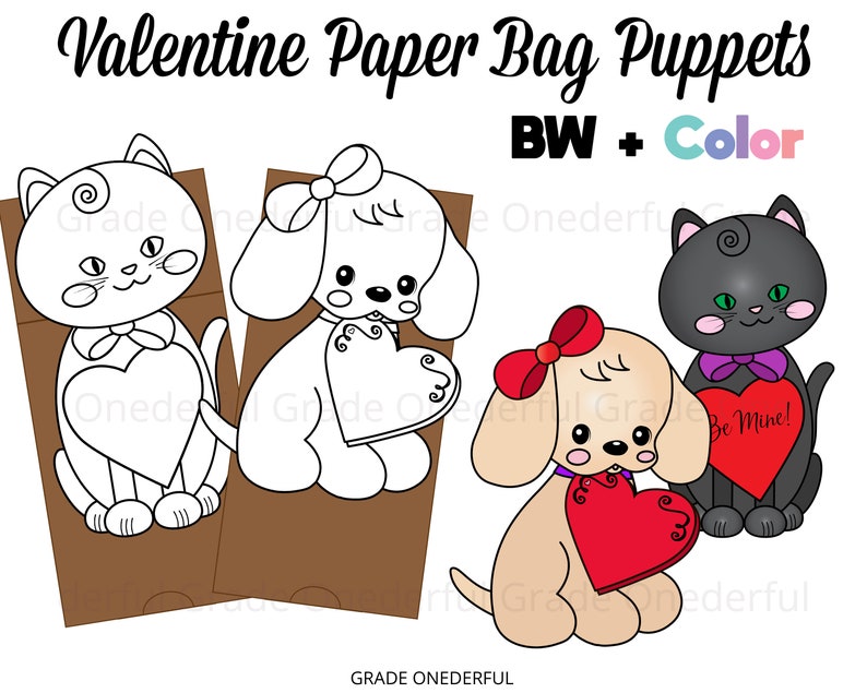 Valentine Paper Bag Puppet Template Puppy and Cat Heart | Etsy