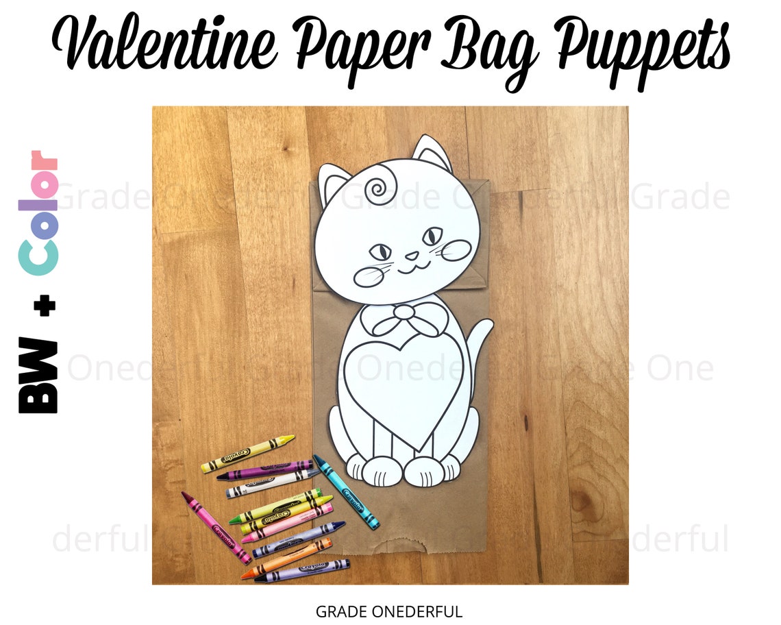 Valentine Paper Bag Puppet Template Puppy and Cat Heart | Etsy