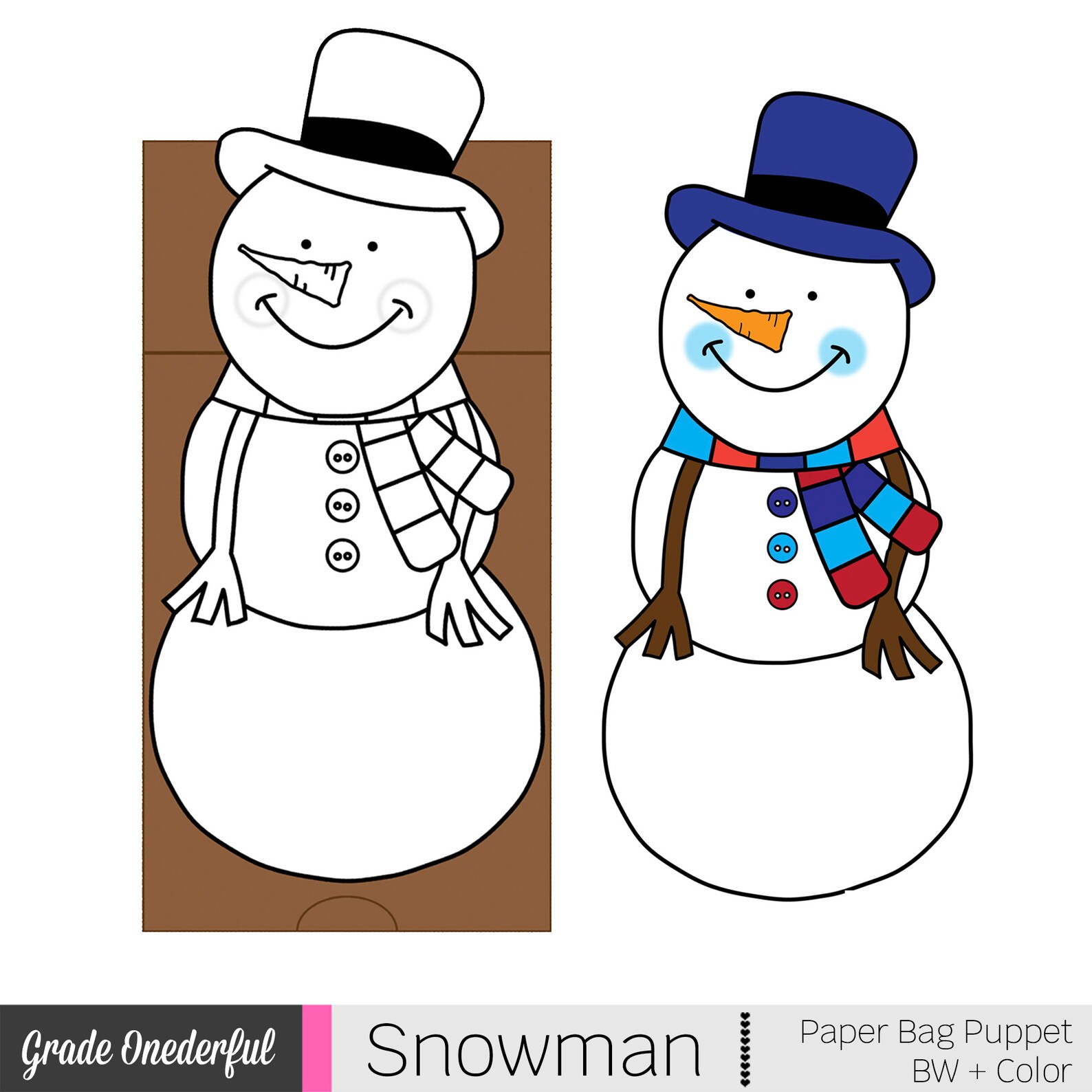 Snowman Paper Bag Puppet Template, Printable Puppets for Kids, Winter ...