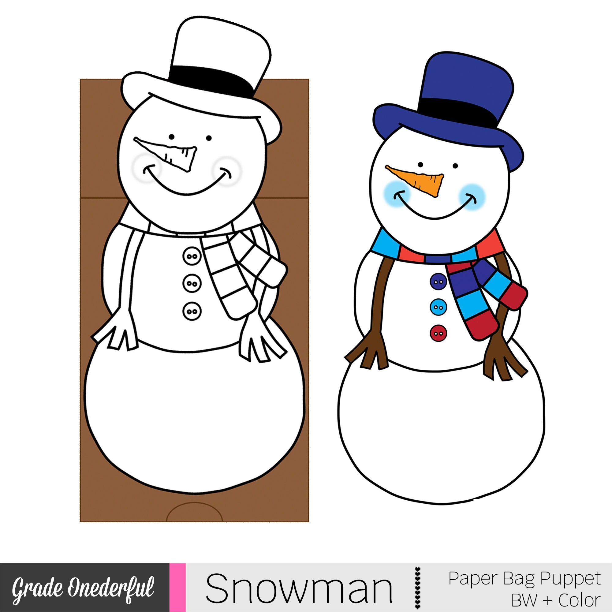 Snowman Paper Bag Puppet Template, Printable Puppets for Kids, Winter ...