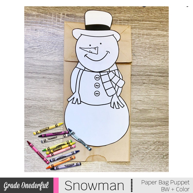 Snowman Paper Bag Puppet Template, Printable Puppets for Kids, Winter ...