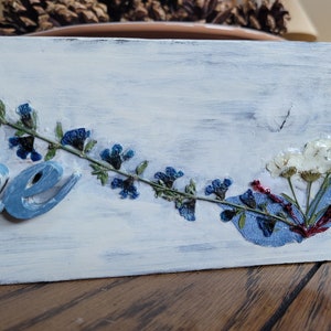 Hanging Rustic Welcome Sign, Blue Lettering, Real Pressed Flowers on ...