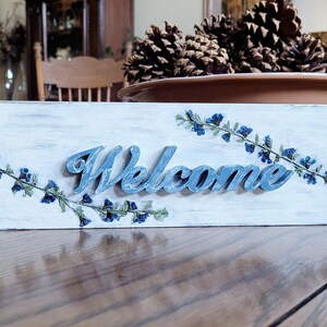 Hanging Rustic Welcome Sign, Blue Lettering, Real Pressed Flowers on ...