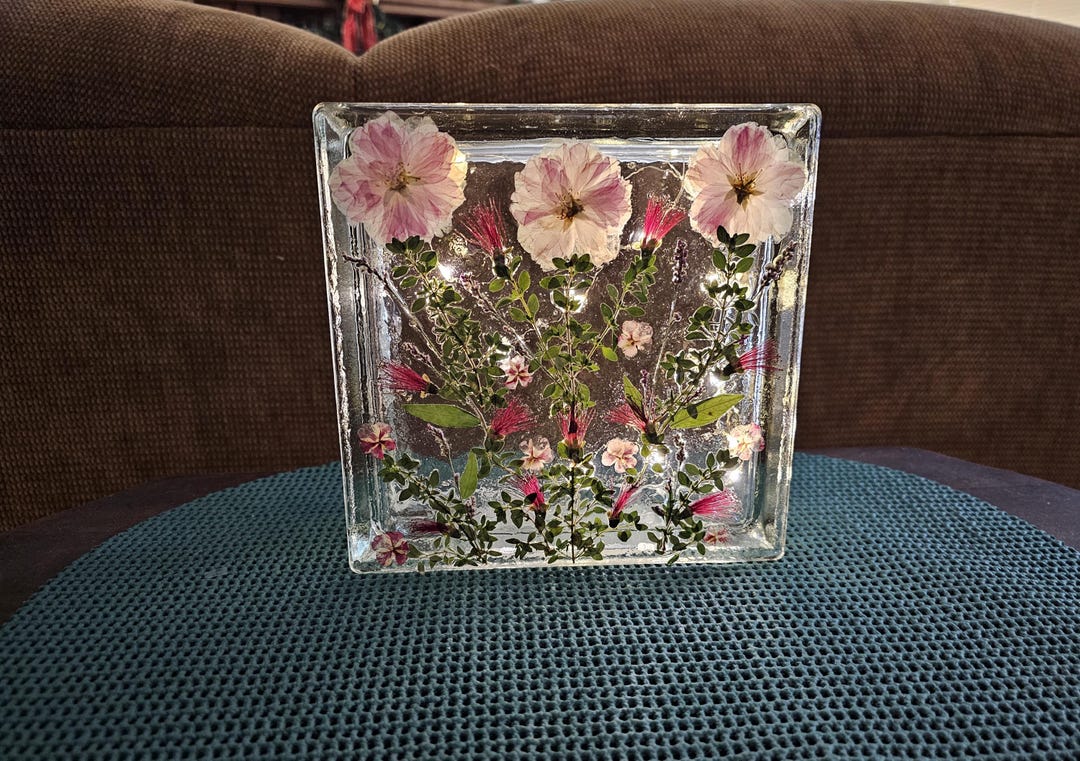 Decorative Floral Glass Block With LED Lights, Floral Nightlight ...