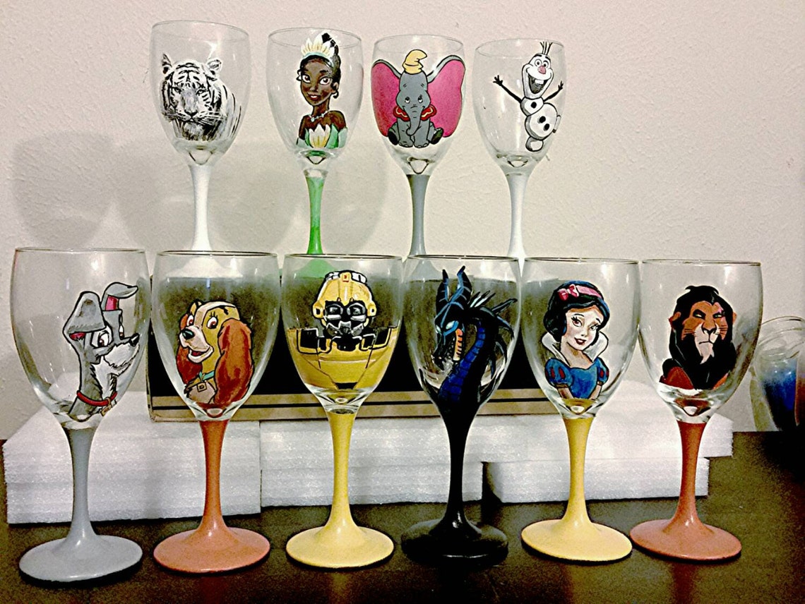 Set of 6 Hand Painted Disney's Characetrers Wine Glassesh | Etsy
