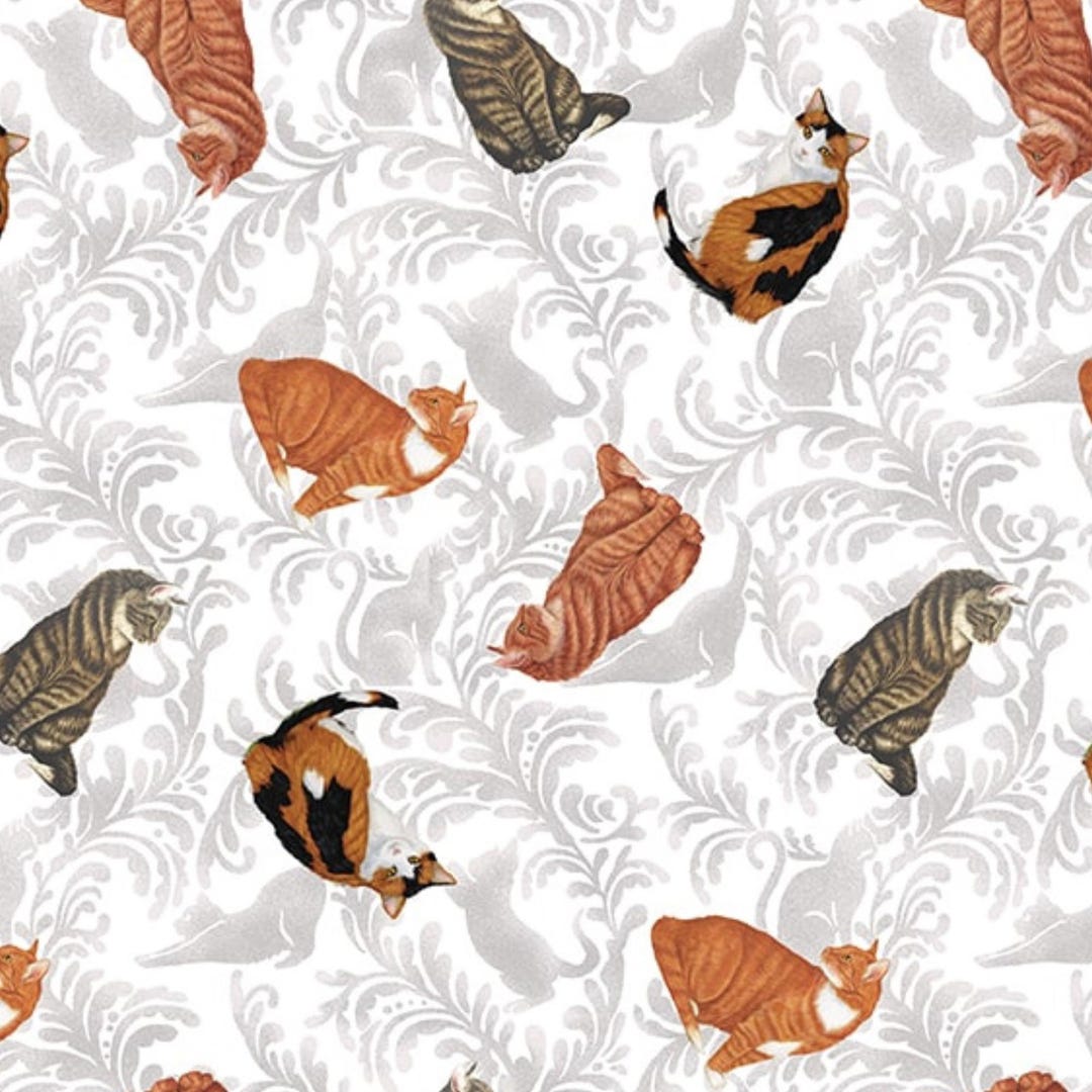 Cat Fabric - Whiskers Among Petals Tossed Cats Gray Blank Quilting ...