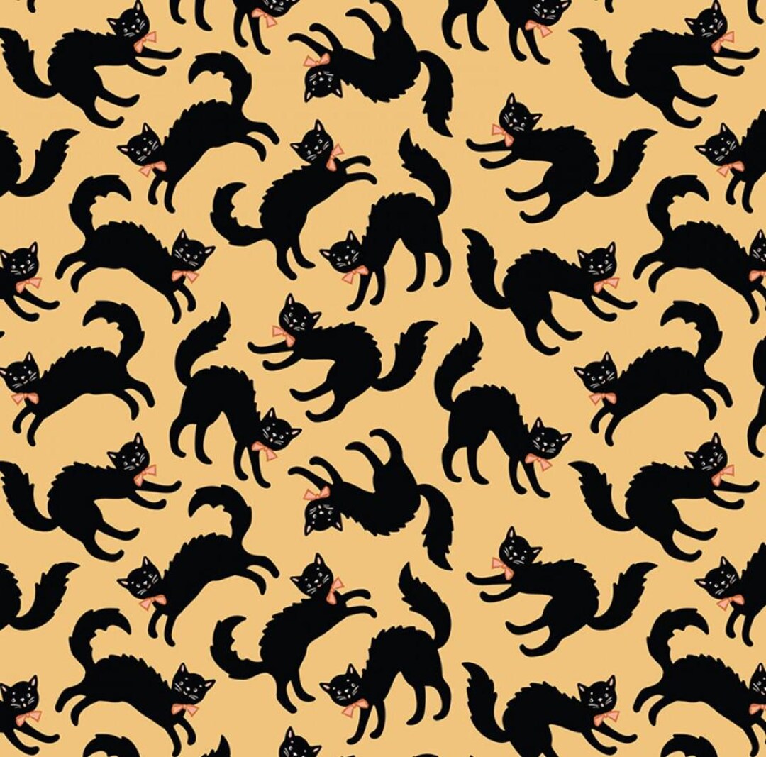 Cat Fabric - Sweet Tooth Scaredy Cat Light Gold Halloween Poppie Cotton ...